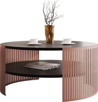 Mirjan24 Couchtisch mit Ablage Fahugin, Runde Form, Beine aus Metall, Kaffeetisch, Wohnzimmertische, Beistelltisch, Sofatisch, Teetisch (Schwarz Molet, Kupfer)