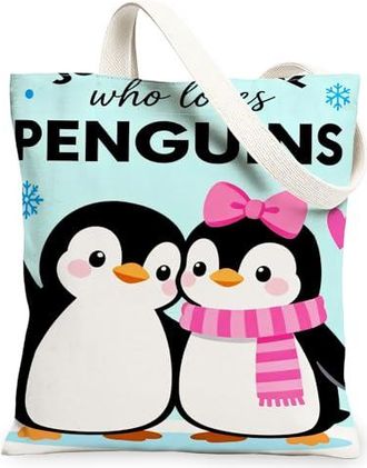 Generic Sacs fourre-tout en toile motif pingouin, adorable imprim&eacute; animal, sacs d&eacute;picerie r&eacute;utilisables, vacances dhiver, l&eacute;gers et lavables, bleu ciel, 13x15