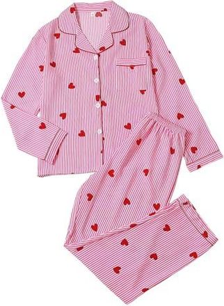 Generic Ensemble Pyjama ray&eacute; pour Femme avec Motif Coeur-Pyjama &agrave; Manches Longues avec Chemise et Pantalon V&ecirc;tement de Nuit &eacute;l&eacute;gant Jour de la Saint-Valentin 