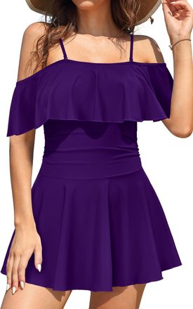 SHEKINI Damen Einteiliger Badeanzug Badekleid Rückenfrei Baderock Ruched Bauchweg Bauchkontrolle Damen Strandbadeanzug Bademode Großer Größe Schwimmrock(XXL,T