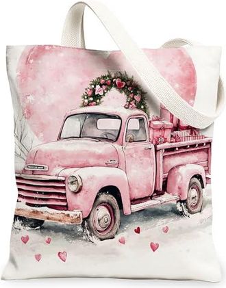 Generic Sac fourre-tout en toile pour la Saint-Valentin, motif coeur floral, r&eacute;utilisable, l&eacute;ger et lavable, bandouli&egrave;re pour voyage, plage, pique-nique, 33 x