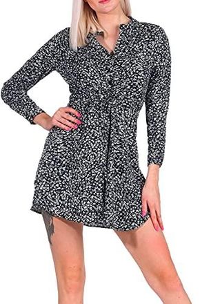 Only Only ONLCORY Mini Chemisier, Robe Tunique &agrave; Manches Longues, Longueur Cuisse, imprim&eacute; &agrave; Motifs, avec Boutons, Noir/Maria White Grey Disty, XS