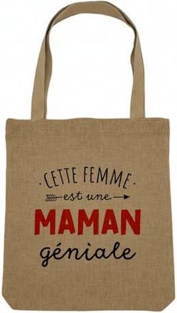 Fabulous Sac Shopping Tote Bag Aspect Lin - Cette Femme est une Maman G&eacute;niale M&egrave;re - Sac de Courses Toile Epaisse 360g Beige Naturel Cabas Port&eacute; Epaule Solide 