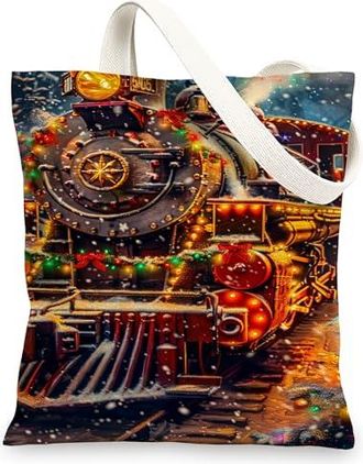 Generic Sacs fourre-tout en toile vintage motif locomotive festive, sacs dépicerie réutilisables, légers et lavables avec bandoulière, multicolore, 13x15 Inch