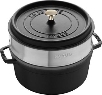 Staub Gusseisen Bräter/Cocotte, mit Dämpfeinsatz aus Edelstahl, Rund 26 cm, 5,2 L, Aromaregen Funktion für optimale Befeuchtung, Für alle Herdarten inkl. In