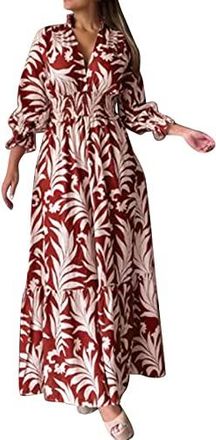 Generic Robes boh&egrave;me 2026 pour femmes avec col en V et manches longues imprim&eacute;es, pull &agrave; la taille, Rouge, XL