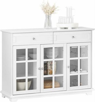 SoBuy FSB77-W K&uuml;chenschrank K&uuml;cheninsel mit Glast&uuml;r freistehend Highborad Kommode Sideboard Bartisch Esstisch Buffet Badezimmerschrank Wei&szlig; bht ca