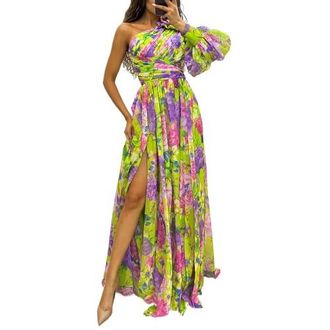 Generic Robe Maxi de Vacances pour Femmes, Manches lanternes, Une &eacute;paule, Fente Haute, Robe Maxi Florale (Jaune,TG)