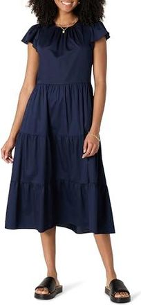 Amazon Essentials Robe Midi à Volants Décontractée à Col Rond en Satin de Coton Femme, Bleu Marine, XXL