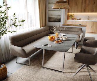 DELIFE Esszimmerbank Taya-Flex 285x190 cm Mikrofaser Taupe Vintage Kufengestell flach Edelstahl Taschenfederkern Links, Eckb&auml;nke