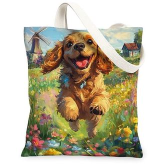 Generic Sac fourre-tout en toile r&eacute;utilisable pour le shopping, 33 x 38 cm, motif chien cocker am&eacute;ricain de printemps, sac d&eacute;picerie r&eacute;utilisable pour femme, 