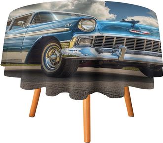 AOOEDM Vintage-Tischdecken aus der Mitte des Jahrhunderts, rund, 127 cm, rustikale Aquarell-Tischdecken mit antiken Autos, waschbare Tischdecke