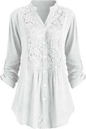 Generic Hauts pour femme en dentelle &eacute;l&eacute;gante enroulable long chemisier col en V boutonn&eacute; tuniques chemises pliss&eacute;es mi-longueur unie t-shirt habill&eacute; swing so