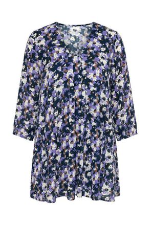 Ulla Popken Longbluse Bluse Bl&uuml;ten Godetfalten A-Linie V-Ausschnitt