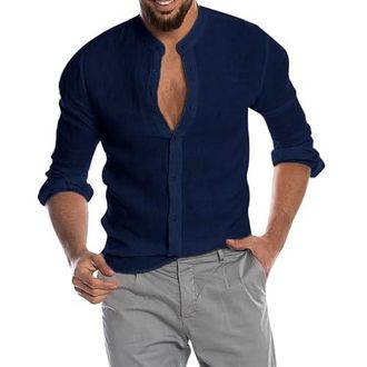 Generic Chemise en lin blanc pour homme, chemise en lin, chemises &agrave; manches longues, chemises blanches, coupe droite, t-shirt noir, col en V, hauts d&eacute;contract
