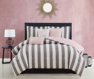 Juicy Couture Bettw&auml;sche-Set | Cabana Streifen Design | Doppelbett | 5-teiliges Set beinhaltet 1 Bettdecke, 1 Kissenbezug und 3 dekorative Kissen | 100% Mikrofaser 