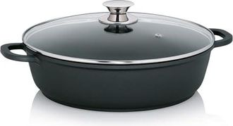 KELA Aluguss Schmorpfanne 32 cm hoher Rand KERROS, Induktion Servierpfanne beschichtet mit Deckel, Paella Pfanne