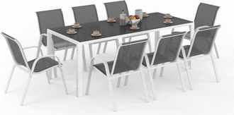 IDMarket Salon de jardin MADRID table 190 CM et 8 chaises empilables blanc et gris