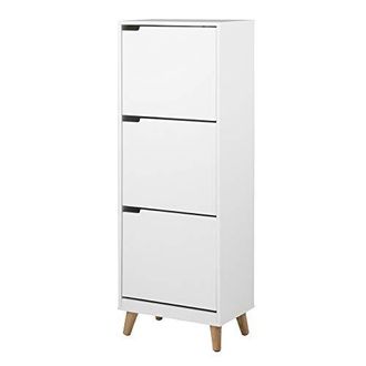 Selsey MAUDINE - Schuhkipper / Schuhschrank im Scandi-Look - 3 Kippfächer mit Doppelreihen - Weiß mit Holzbeinen, 47 cm breit