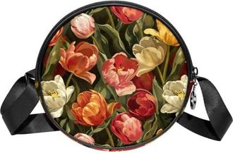 Generic Petit sac &agrave; bandouli&egrave;re rond pour femme, motif tulipes avec fermeture &eacute;clair, bretelles r&eacute;glables, sac &agrave; main rond d&eacute;contract&eacute; pour femmes et filles