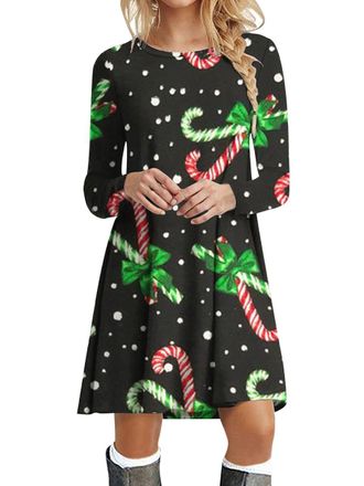 ORANDESIGNE Festliches Kleid Damen Weihnachten Midikleid Herbst Bunt Langarm A Linien Abendkleid Kurz Elegant Weihnachtskleid Curvy Mode Partykleid Pulloverkleid 