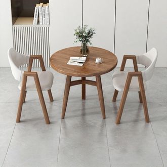 Generic Runder Empfangstisch Und 2 St&uuml;hle Im Set - Moderne Holzmaserung Mit PU-Ledersitzen for B&uuml;ro Oder Lounge(Off-White Chairs+Walnut-Colored Table)
