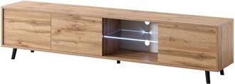 Selsey Meuble TV Debout sur Pieds Trois Niches Fermées Une Niche Ouverte Élément en Verre Lumières LED Blanches 175 cm Chêne Wotan Galhad