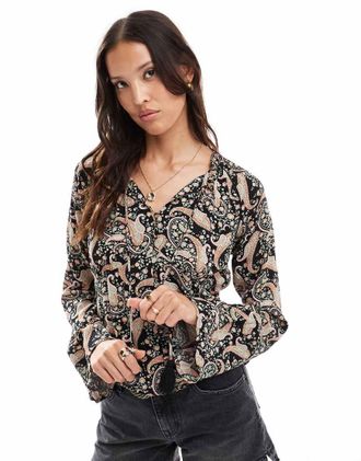 Superdry Blouse boh&egrave;me &agrave; manches longues et imprim&eacute; cachemire - Noir
