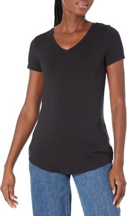 Amazon Essentials Damen Kurzarm-Tunika mit V-Ausschnitt und lockerer Passform (erhältlich in Übergröße), Schwarz, XXL