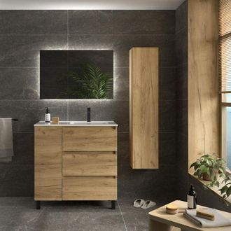 Cygnus Bath Meuble de salle de bain BEQUIA PLUS 3C 90cm Ch&ecirc;ne Vasque Porcelaine Robinet &agrave; droite 1P