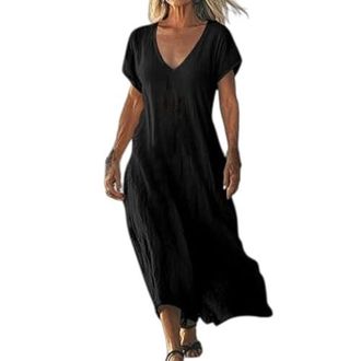 Generic Robe de plage d&eacute;t&eacute; en coton &agrave; manches courtes et col en V pour femme - Robe longue confortable et fluide, Noir, 3XL