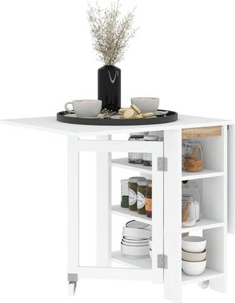 HOMCOM Table &agrave; Manger Pliable, Table Pliante Cuisine, sur roulettes, avec 2 abattants et 3 &eacute;tag&egrave;res, Design Moderne, Table de Cuisine pour Petits espaces, 12