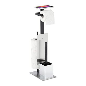 Relaxdays WC Garnitur, Toilettenpapierhalter, Toilettenbürste u. Bürstenhalter, Ablage, HBT: 69x26x18 cm, Silber/schwarz