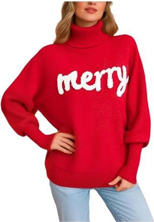 Generic Merry Pull de No&euml;l pour femme, pull doux &agrave; col ras du cou d&eacute;contract&eacute; &agrave; manches longues, pull en tricot fantaisie amusant pour femme, 12 - Rouge, M