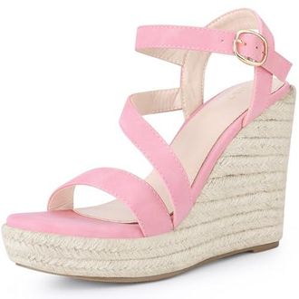 Allegra K Sandales compens&eacute;es pour femme avec sangle de cheville et bout ouvert et boucle, rose, 36.5 EU