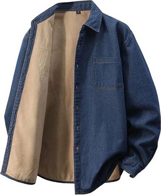Generic Mens Lightweight Jackets Casual Fleece Lined Denim Shirt Long Sleeve Jean Coat Winter Clothes Dark Blue XX Large