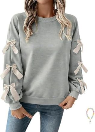 Generic Sweat-shirt tendance à manches longues et col rond avec noeud mignon pour femme, gris, XL