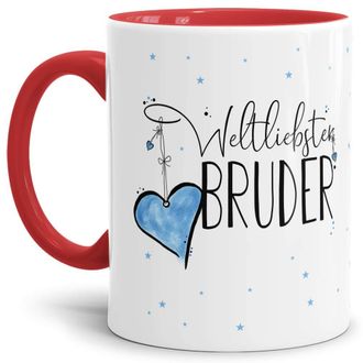 Tassendruck Tasse mit Spruch f&uuml;r den Weltbesten Bruder - Kaffeetasse/Familie/Geschenk-Idee/Mug/Cup/Innen & Henkel Rot