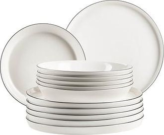 Mäser Serie Sita, Teller Set für 6 Personen, Essgeschirr aus weißem Porzellan mit schwarzem Rand, schlicht, elegant, Porzellan, weiß