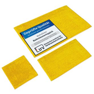 WohnDirect Badematten Set 3 teilig Gelb - WC Vorleger (45x45cm), Badematte (50x80cm,70x120cm) - rutschfest waschbar Badezimmerteppich OHNE WC-Ausschnitt