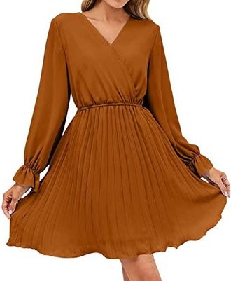 QWUVEDS Robe Portefeuille &agrave; col en V pour Femme Invit&eacute;s de Mariage Mini Robe pliss&eacute;e &agrave; Manches Longues d&eacute;contract&eacute;e Robes pour Femmes pour Soir&eacute;e Formelle Gra