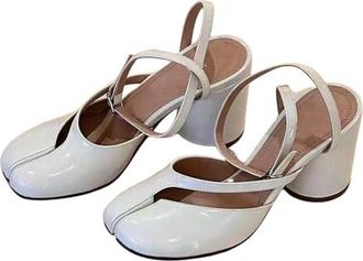 Generic YUJIEBB Style Mode Cuir Verni Bout fendu Femmes Escarpins Printemps &Eacute;t&eacute; Tabi Chunky Talons Hauts Chaussures Sandale, blanc, 35.5 EU