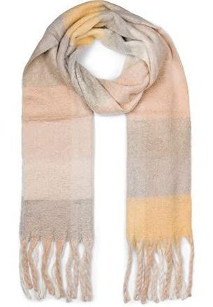 styleBREAKER Écharpe en tricot pour femmes avec motif à carreaux colorés et longues franges épaisses, hiver chaud, étole 01017138, couleur:Gris-jaune-beige