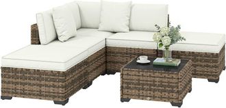 OUTSUNNY Salon de jardin ext&eacute;rieur dangle - Outsunny - 5 places - canap&eacute;s, repose-pieds, table basse et coussins - r&eacute;sine tress&eacute;e - cr&egrave;me