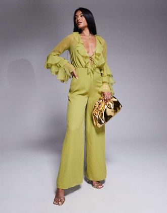 Asos Combinaison &agrave; manches longues et &agrave; volants avec liens - Vert olive