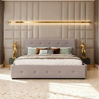 Generic Polsterbett 140x200 cm in Beige | Doppelbett mit Schubladen, Lattenrost & Rückenlehne | Hautfreundlicher Samtstoff | Ideal für Erwachsene & Jugendlich