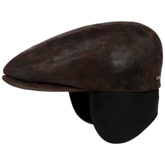 Stetson Kent Pigskin Flat Cap Herren Made in EU Mit Ohrenklappen Aus 100% Leder Mit Fleecefutter Herbst Winter Dunkelbraun XL (60-61 cm)