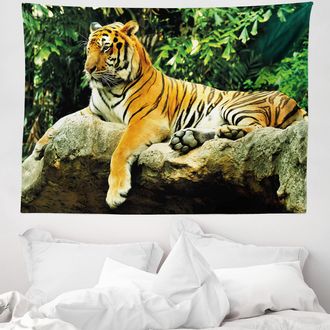 Abakuhaus Tiger Wandteppich, Big Cat Resting in Wald aus Weiches Mikrofaser Stoff Waschbar ohne Verblassen Digitaldruck, 150 x 110 cm,Kamel Grün