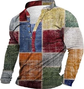 Generic Henley Chemise &agrave; manches longues d&eacute;contract&eacute;e &agrave; carreaux boutonn&eacute;e pour homme - L&eacute;ger et respirant - Pour le printemps et lautomne - Hauts confortable