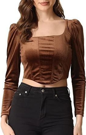 Allegra K Haut Court en Velours &agrave; Manches Longues pour Femme Chemisier d&eacute;contract&eacute; &agrave; col carr&eacute; Marron S